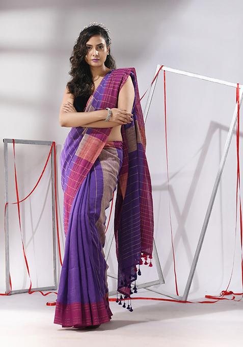 Buy Women Purple Zari Striped Cotton Saree Set - XSR03469 - Plus Size ...
