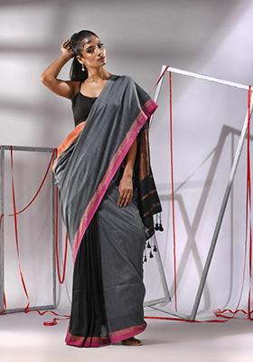 Buy Women Grey Striped Cotton Saree Set - XSR03484 - Plus Size Saree ...