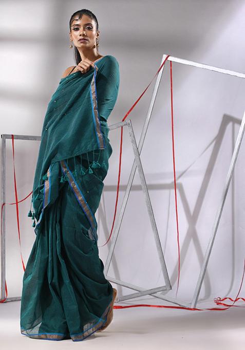 Buy Women Teal Sequin Woven Work Cotton Saree Set - XSR03498 ...