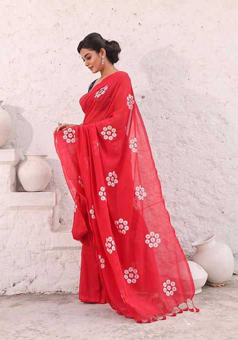 Buy Women Rose Red Floral Embroidered Soft Pure Cotton Saree Set ...