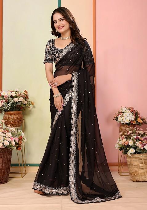 Buy Women Black Embroidered Organza Saree Set - XSR04147 - Black Saree ...