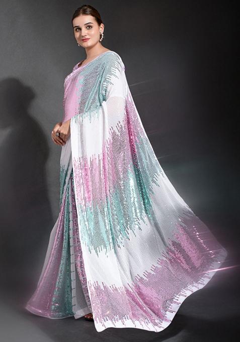 Buy Women Off White Sequin Embroidered Georgette Saree Set - XSR04235 - Plus Size Saree - Indya