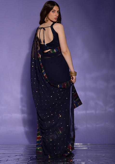 Buy Women Blue Sequin Embroidered Georgette Saree Set - XSR04248 - Blue ...