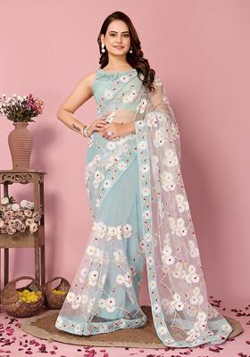 Buy Women Light Blue Embroidered Soft Net Saree Set - XSR04322 - Saree ...