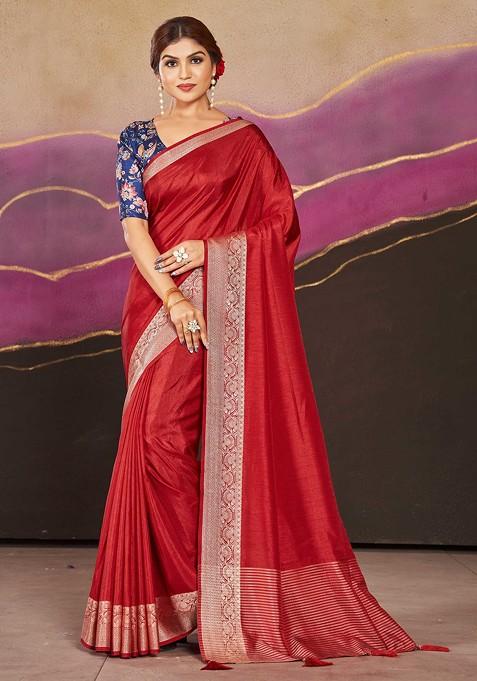 Buy Women Persian Red Solid Saree Set - XSR05566 - Red Saree - Indya