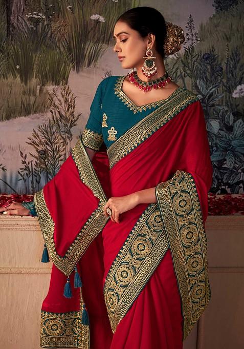 Buy Women Dark Red Gota Patti Saree Set - XSR05638 - Red Saree - Indya