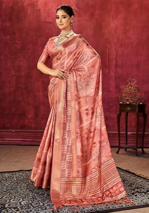 Buy Women Rust Orange Floral Print Saree Set - XSR05666 - Plus Size ...