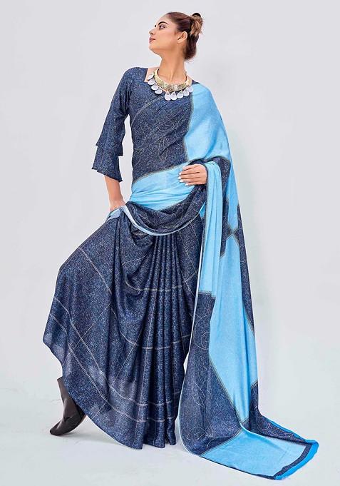 Buy Women Denim Blue Textured Print Saree Set - XSR05708 - Unstitched ...