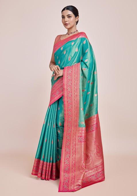 Buy Women Turquoise Zari Woven Tissue Silk Saree Set - XSR05902 - Silk ...
