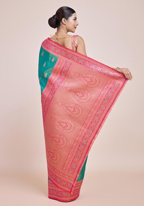 Buy Women Turquoise Zari Woven Tissue Silk Saree Set - XSR05902 - Silk ...
