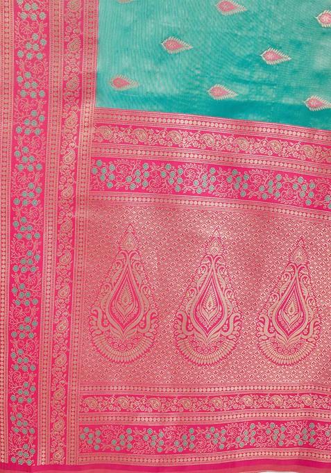 Buy Women Turquoise Zari Woven Tissue Silk Saree Set - XSR05902 - Silk ...