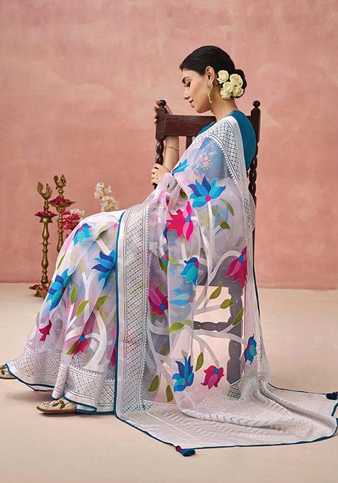 Buy Women Silver Floral Print Brasso Saree Set - XSR06160 - Plus Size ...