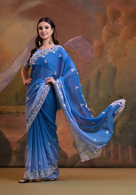 Buy Women Blue Sequin Embroidered Pure Georgette Saree Set - XSR06565 ...