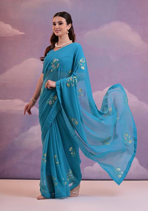 Buy Women Blue Sequin Embroidered Pure Georgette Saree Set - XSR06568 ...