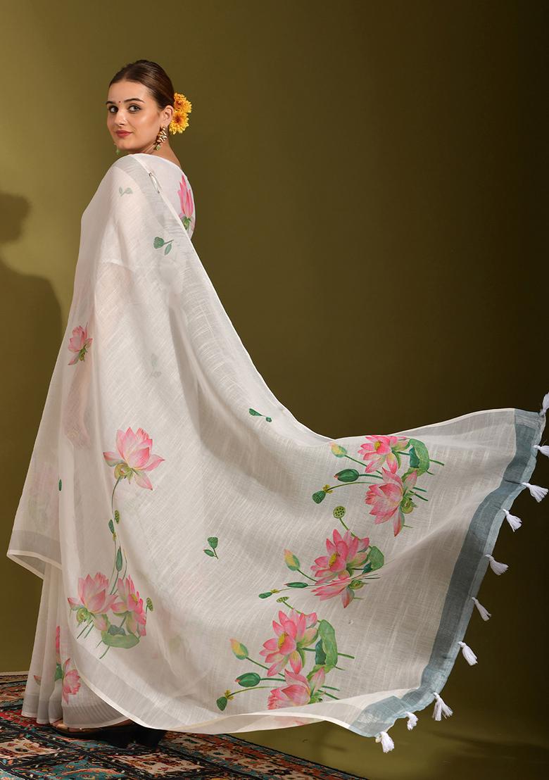 Buy Women White And Pink Printed Linen Blend Saree Set - XSR06576 ...
