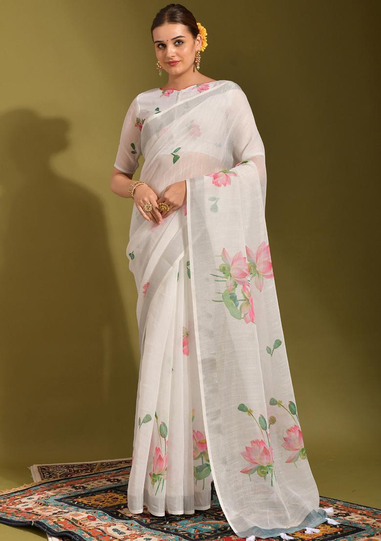 Buy Women White And Pink Printed Linen Blend Saree Set - XSR06576 ...