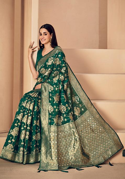 Buy Women Dark Green Zari Woven Design Linen Saree Set - XSR06734 ...