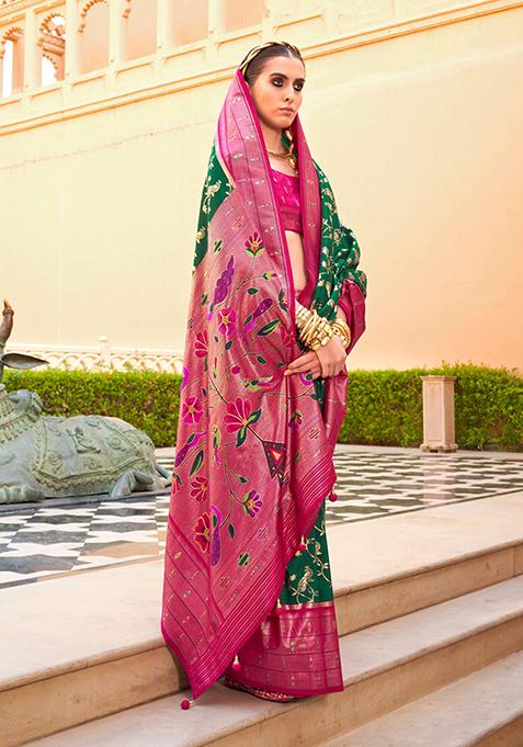 Buy Women Dark Green Paithani Print Silk Saree Set - XSR06871 - Wedding ...