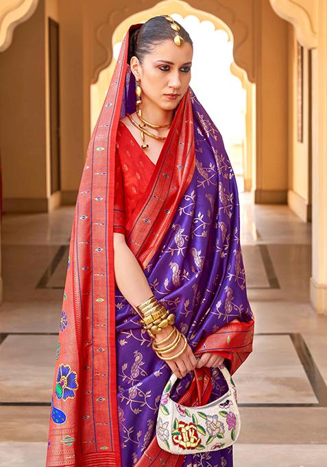 Buy Women Violet Paithani Print Silk Saree Set - XSR06873 - Silk Sarees ...