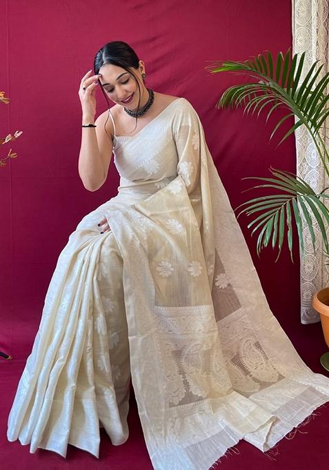Buy Women Off White Thread Work Cotton Saree Set - XSR07378 - Plus Size ...