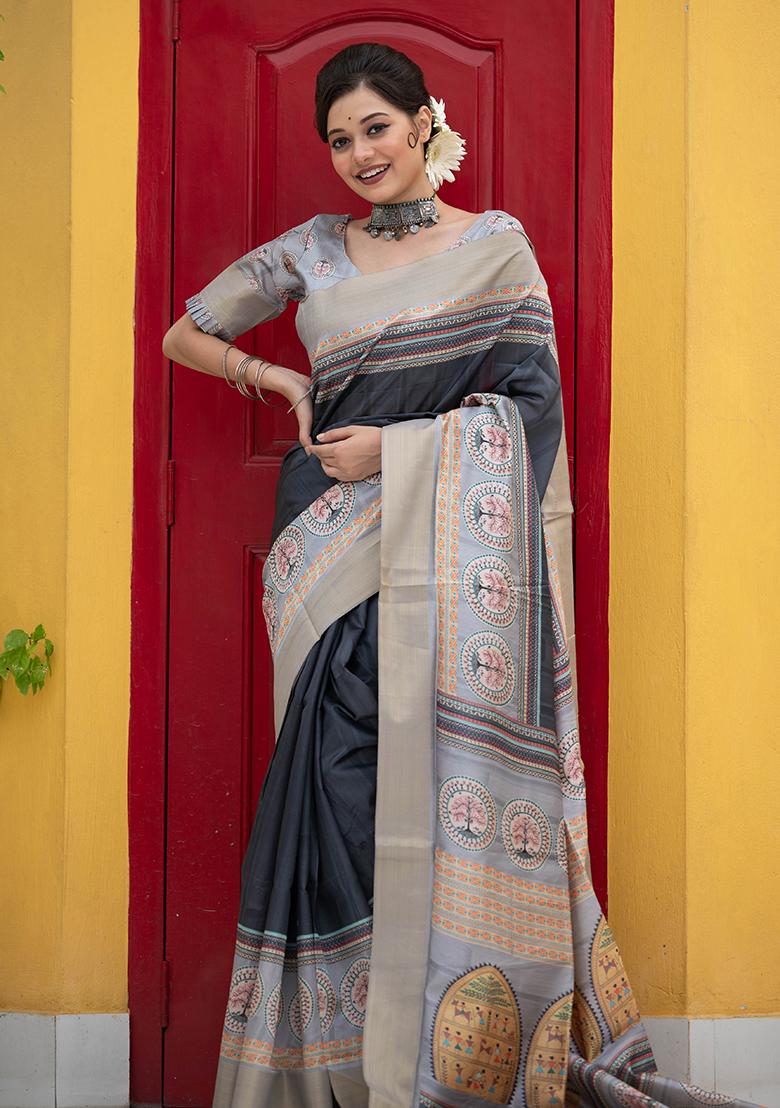 Buy Women Black Printed Tussar Silk Saree Set - XSR07552 - Black Saree ...