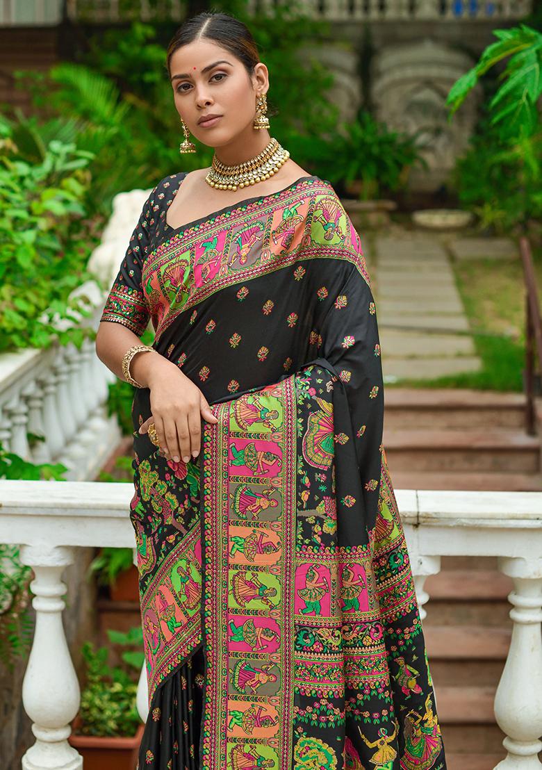 Buy Women Black Woven Pashmina Silk Saree Set - XSR07596 - Black Saree ...