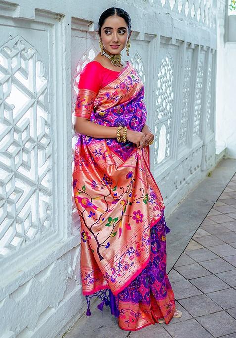 Buy Women Wine Contrast Print Paithani Silk Saree Set - XSR07691 - Silk ...