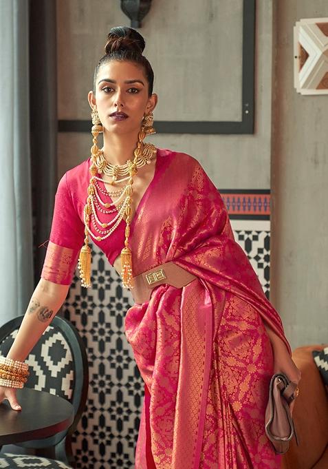 Buy Women Pink Zari Woven Silk Blend Saree Set - XSR07867 - Pink Saree ...