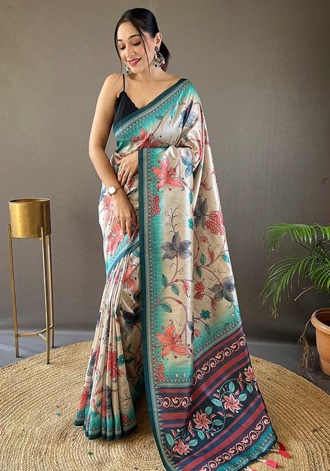 Buy Women Rama Printed Silk Saree Set - XSR08725 - Silk Sarees - Indya