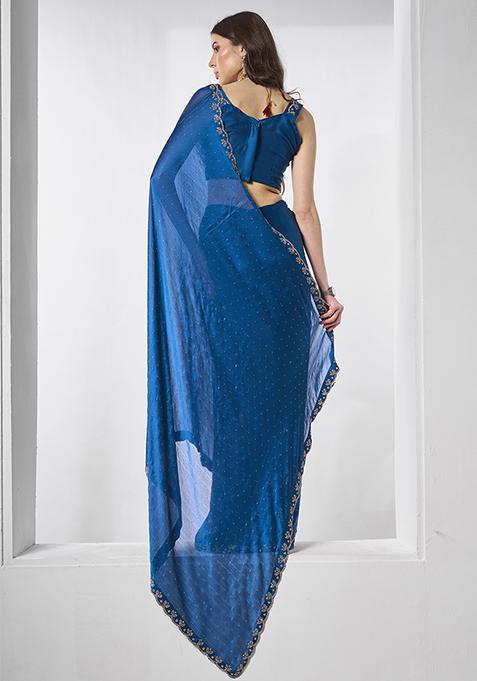 Buy Women Teal Blue Embellished Satin Saree Set - XSR10280 ...