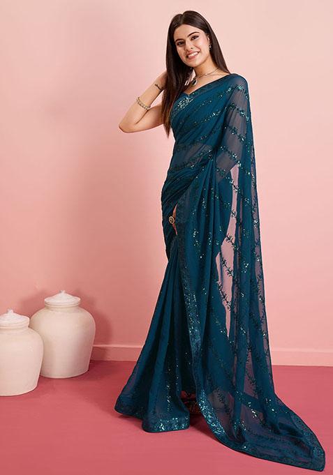 Buy Women Teal Sequin Embroidered Georgette Saree Set - XSR11193 - Plus ...