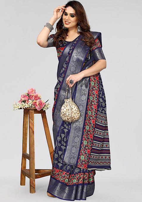 Buy Women Navy Blue Printed Dhola Silk Saree Set - XSR12742 - Silk ...