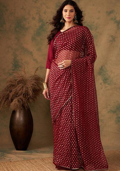 Buy Women Maroon Heavy Net Saree Set - XSR13128 - Plus Size Saree - Indya