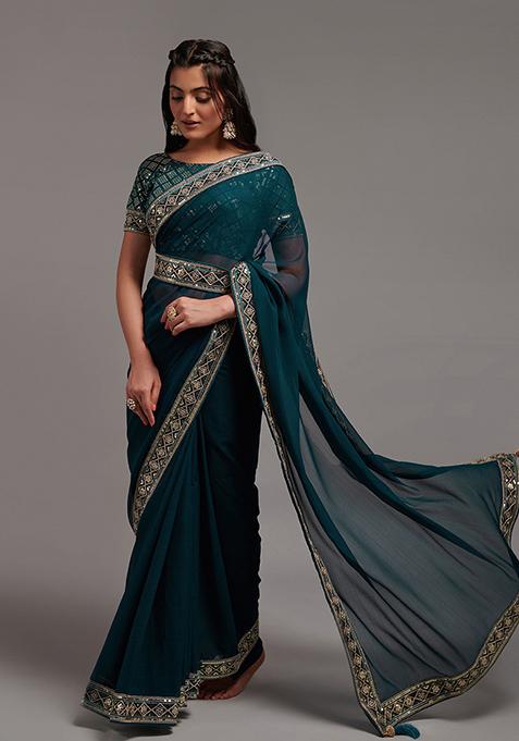 Buy Women Petrol Blue Embroidered Chinon Saree Set - XSR13213 - Plus ...