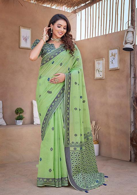 Buy Women Parrot Green Printed Dhola Silk Saree Set - XSR13303 - Silk ...