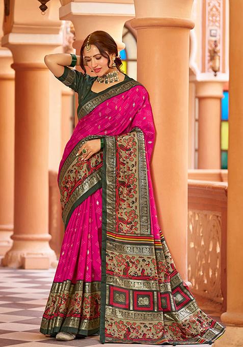Buy Women Pink Printed Dhola Silk Saree Set - XSR13340 - Pink Saree - Indya