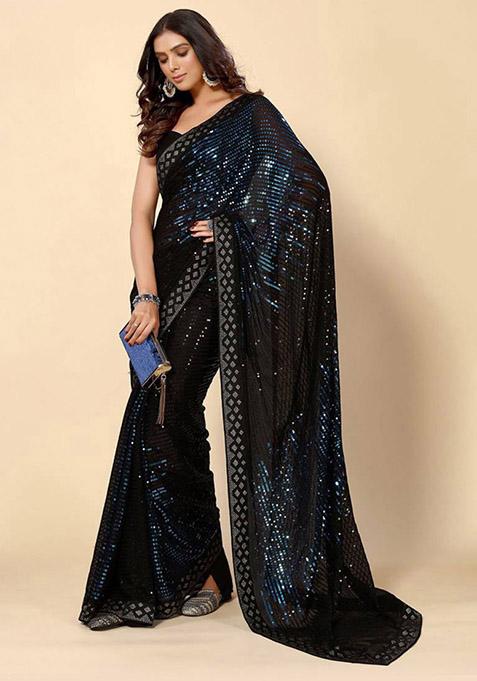 Buy Women Blue Sequin Embroidered Georgette Saree Set - XSR13654 - Blue ...