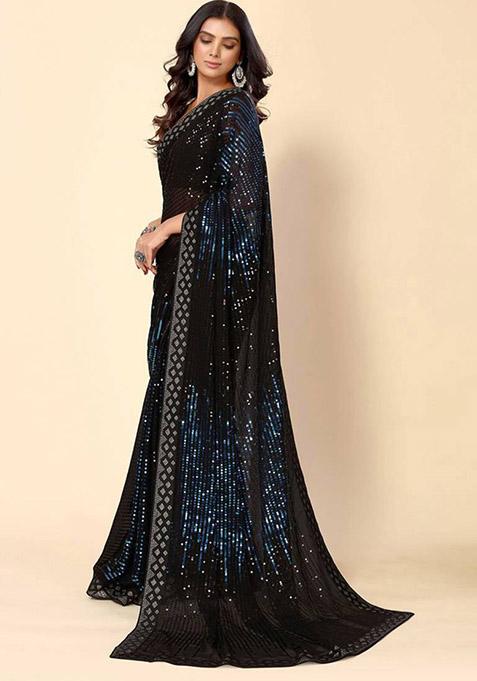 Buy Women Blue Sequin Embroidered Georgette Saree Set - XSR13654 - Blue ...