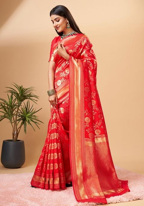 Buy Women Red Woven Design Jacquard Saree Set - XSR13668 - Red Saree ...