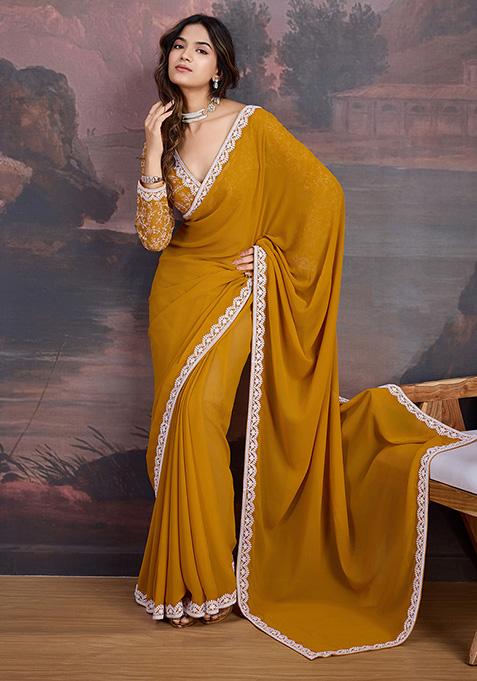 Buy Women Mustard Embroidered Georgette Saree Set - XSR13778 - Plus ...