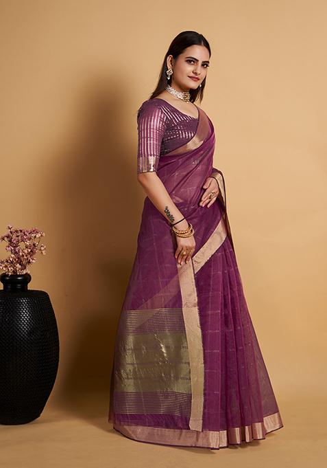 Buy Women Purple Woven Jacquard Saree Set - XSR13911 - Plus Size Saree ...