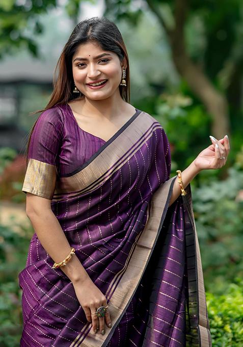Buy Women Purple Woven Silk Saree Set - XSR14508 - Silk Sarees - Indya