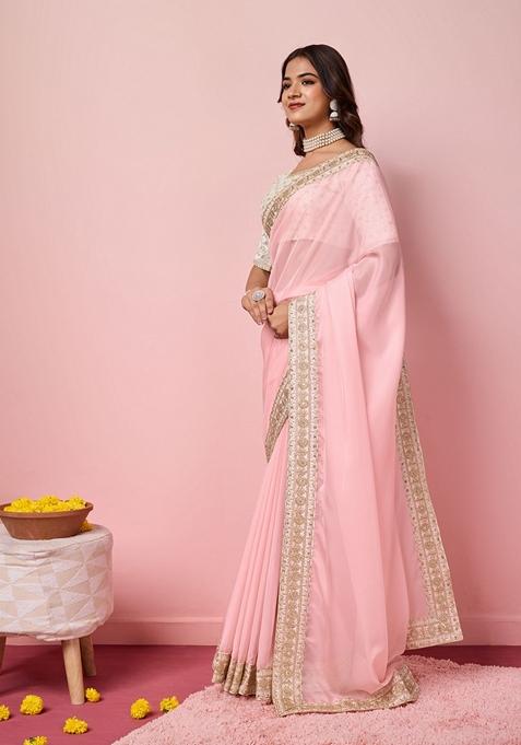 Buy Women Pink Embroidered Woven Saree Set - XSR15104 - Embroidered - Indya