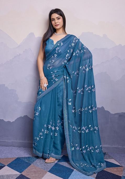 Buy Women Cyan Embroidered Woven Saree Set - XSR15303 - Plus Size Saree ...