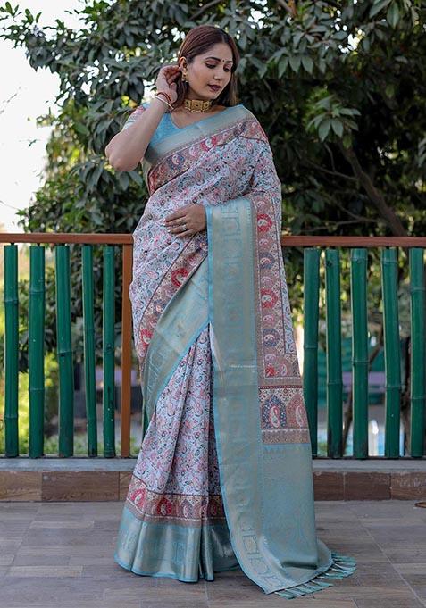 Buy Women Sea Green Printed Woven Saree Set - XSR15395 - Printed - Indya