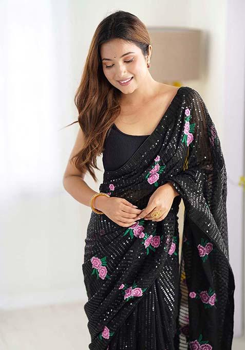 Buy Women Black Sequin Thread Embroidered Georgette Saree Set - XSR15654 - Embroidered - Indya