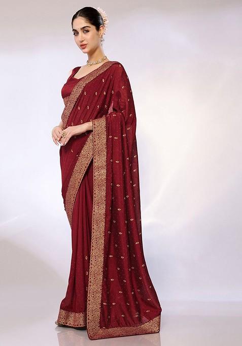 Buy Women Maroon Ethnic Motif Embroidered Saree Set - XSR16988 ...