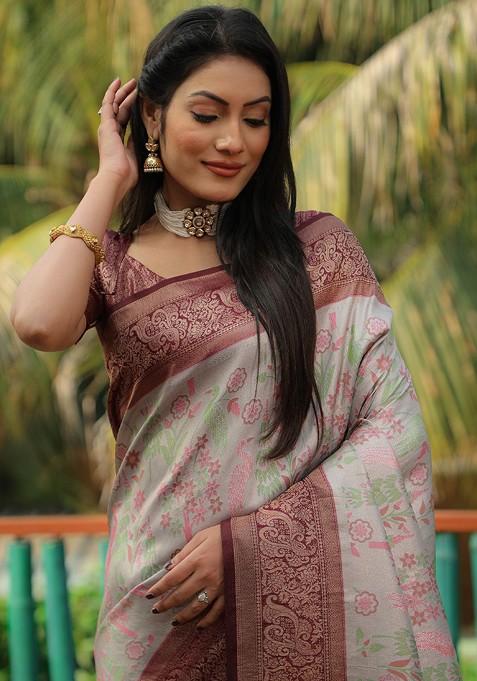 Buy Women Grey Woven Zari Pure Kanjeevaram Silk Saree Set - XSR17668 ...