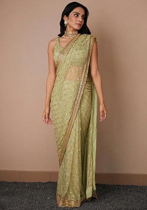 Buy Women Pista Green Embroidered Soft Net Saree Set - XSR18807 ...