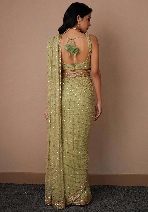 Buy Women Pista Green Embroidered Soft Net Saree Set - XSR18807 ...